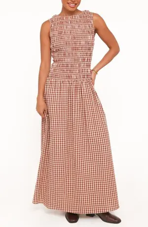 PETAL & PUP Maleny Gingham Smocked Maxi Dress - Brown Gingham