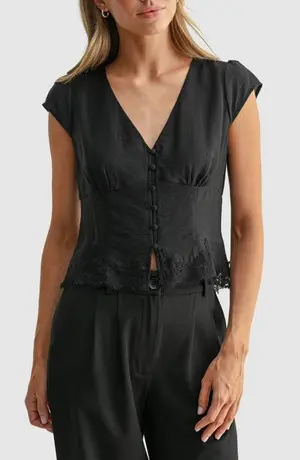 ALL IN FAVOR Lace Hem Cap Sleeve Top Black