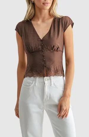 ALL IN FAVOR Lace Hem Cap Sleeve Top - Brown