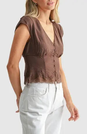 ALL IN FAVOR Lace Hem Cap Sleeve Top - Brown