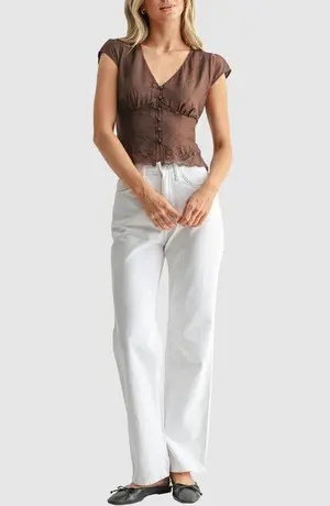 ALL IN FAVOR Lace Hem Cap Sleeve Top - Brown