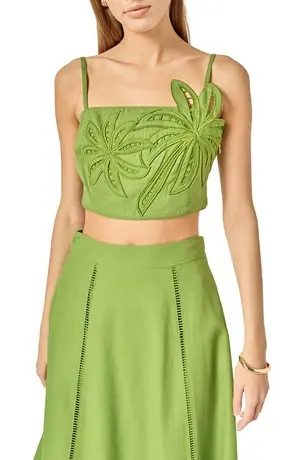 English Factory Embroidered Palm Crop Top - Green