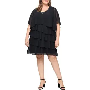 SL FASHIONS Tiered Ruffle Chiffon Dress With Jacket - Black