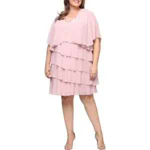 SL FASHIONS Tiered Ruffle Chiffon Dress With Jacket - Faded Rose