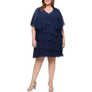 SL FASHIONS Tiered Ruffle Chiffon Dress With Jacket - Navy