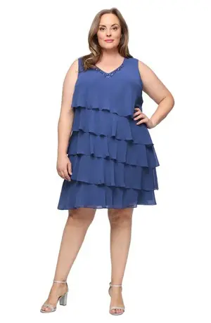 SL FASHIONS Tiered Ruffle Chiffon Dress With Jacket - Wedgewood