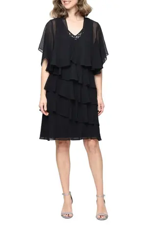 SL FASHIONS Tiered Ruffle Chiffon Dress With Jacket - Black