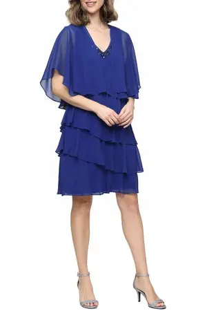 SL FASHIONS Tiered Ruffle Chiffon Dress With Jacket - Iris