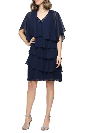 SL FASHIONS Tiered Ruffle Chiffon Dress With Jacket - Navy