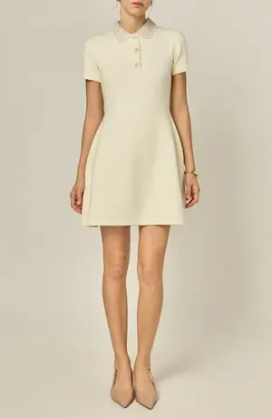 English Factory Beaded Collar Knit Fit And Flare Dress - Ivory
