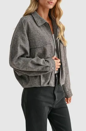ALL IN FAVOR Herringbone Balloon Sleeve Bomber Jacket