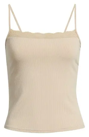 Mango Blondi Lace Trim Ribbed Camisole - Sand