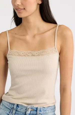 Mango Blondie Lace Trim Ribbed Camisole - Sand