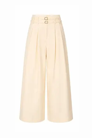 EXQUISE Belted High-waisted Pleated Culotte Pants