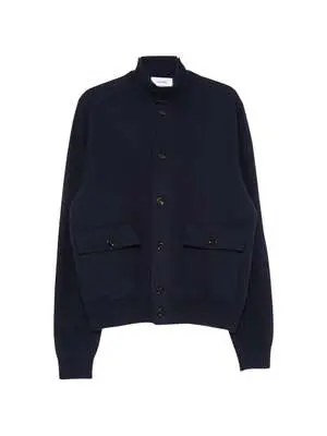 LARDINI Knit Button-front Cardigan Jacket With Stand Collar And Flap Pockets - Navy