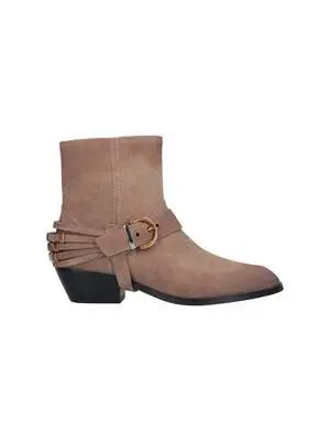 Pinko Suede Ankle Boots With Buckle Detail - Beige