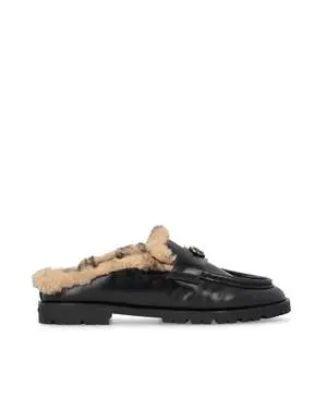 Pinko Backless Leather Mule With Faux Fur Trim