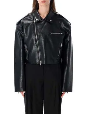 THE FRANKIE SHOP Cropped Faux Leather Biker Jacket - Nero
