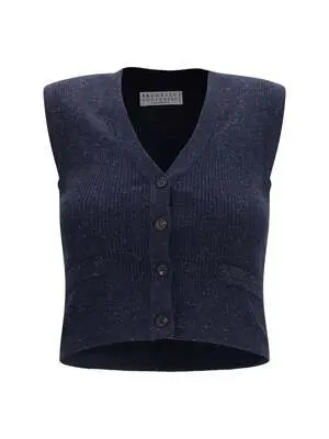 Brunello Cucinelli Sleeveless V-neck Cardigan With Metallic Threads