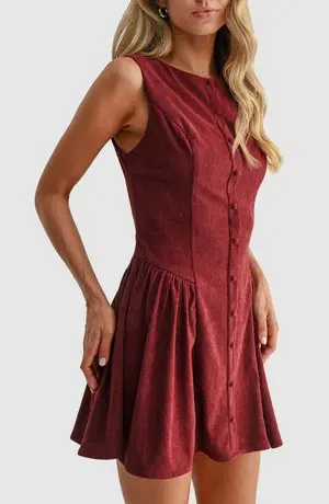 ALL IN FAVOR Corduroy Boatneck Fit-and-flare Minidress - Chestnut