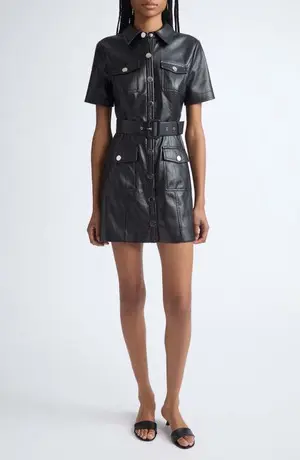 TOCCIN Lydia Faux Leather Belted Shirtdress - Jet