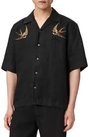 ALLSAINTS Avia Bird Embroidered Linen Camp Shirt - Orca Black