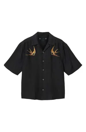 ALLSAINTS Avia Bird Embroidered Linen Camp Shirt - Orca Black