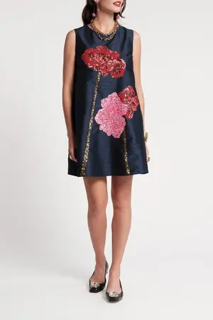 FRANCES VALENTINE Sleeveless Shift Dress With Poppy Appliques - Navy/multi