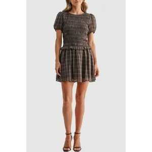 ALL IN FAVOR Puff Sleeve Smocked Minidress - Brown Plaid
