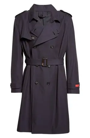 Isaia Cotton & Silk Double Breasted Trench Coat - Dark Blue