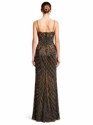 LARA NEW YORK Spaghetti Strap Beaded Gown With Slit