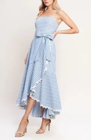 FLYING TOMATO Striped High-low Maxi Dress With Ruffled Skirt And Sash