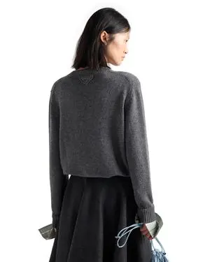 Prada Wool And Cashmere Crew-neck Sweater With Removable Shirt Cuffs - Grey