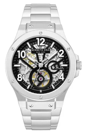 KENNETH COLE Automatic Skeleton Dial Stainless Steel Bracelet Watch - Silver