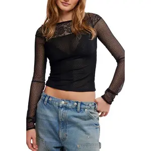 Free People Night Mode Layering Long Sleeve Mesh Top - Black