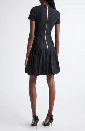 Balmain Glittered Compact Viscose Knit Dress With Geometric Jacquard Bodice - 6du Blue