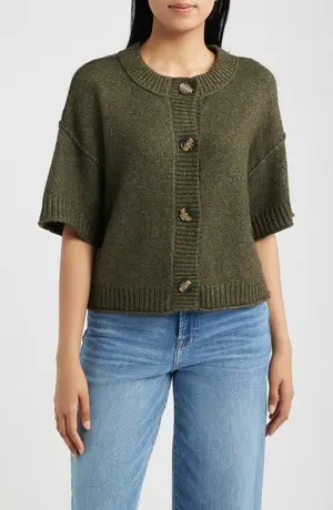 CITY BLUES Broome Short Sleeve Crop Cardigan - Olive