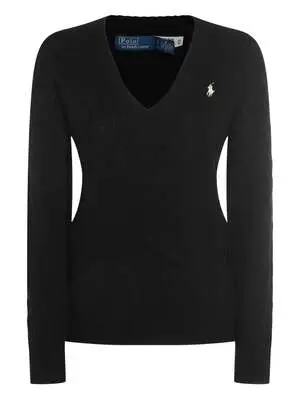 Ralph Lauren V-neck Cable Knit Sweater With Embroidered Logo - Black