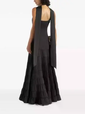 Manière De Voir Maniere De Voir Satin Tiered Maxi Dress With Sculptural Sash - Black