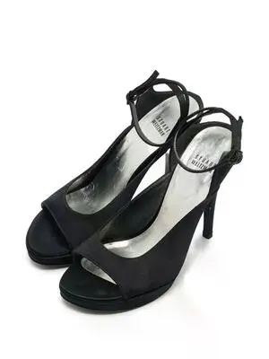 STUART WEITZMAN Stuart Weitzman Black Satin Peep-Toe Ankle-Strap Platform Stiletto Sandals