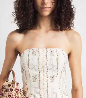 Agua Bendita Strapless Embroidered Linen Corset Top