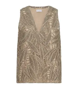 Brunello Cucinelli Embroidered Sleeveless Top - Beige