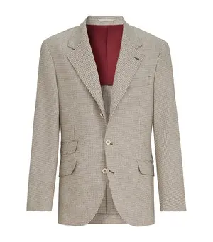 Brunello Cucinelli Wool-silk Houndstooth Deconstructed Cavallo Blazer - Beige
