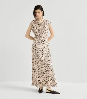 Brunello Cucinelli Silk Pongee Lynx Print Maxi Dress