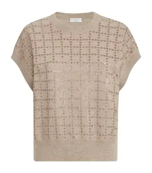Brunello Cucinelli Cashmere Sequin Check Knit T-shirt - Brown