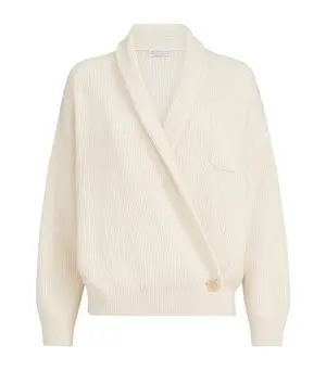Brunello Cucinelli Cashmere English Rib Asymmetric Cardigan - White