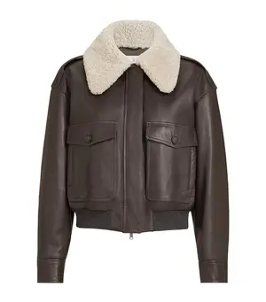 Brunello Cucinelli Nappa Leather Shearling Collar Aviator Jacket - Brown
