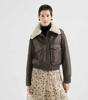 Brunello Cucinelli Nappa Leather Shearling Collar Aviator Jacket