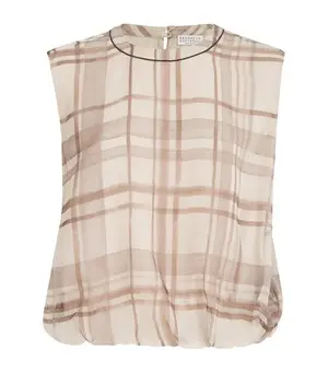 Brunello Cucinelli Silk Check Sleeveless Top - Beige