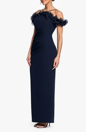 XSCAPE EVENINGS Wire Ruffle Cold Shoulder Sheath Gown